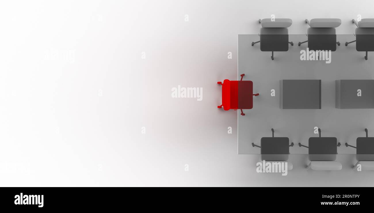 Top view on a rectangular glass office meeting table with one red boss ...