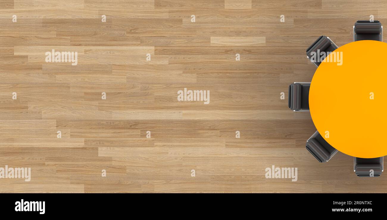 Top view on a round yellow office meeting table with black leather ...
