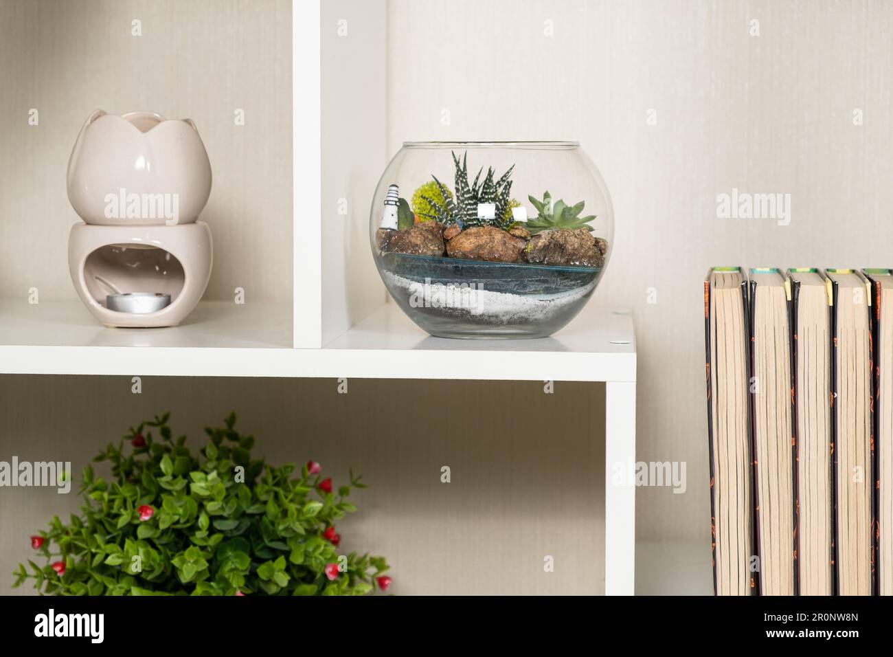 Florarium in interior. Succulent flowers in a glass vase on a shelf ...