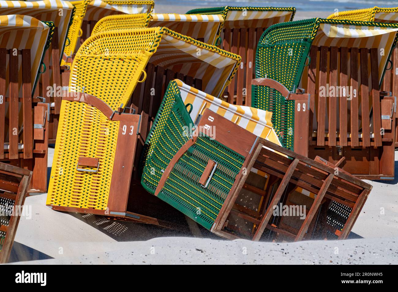 Binz, Germany. 09th May, 2023. Beach chairs stand in sunny weather on ...