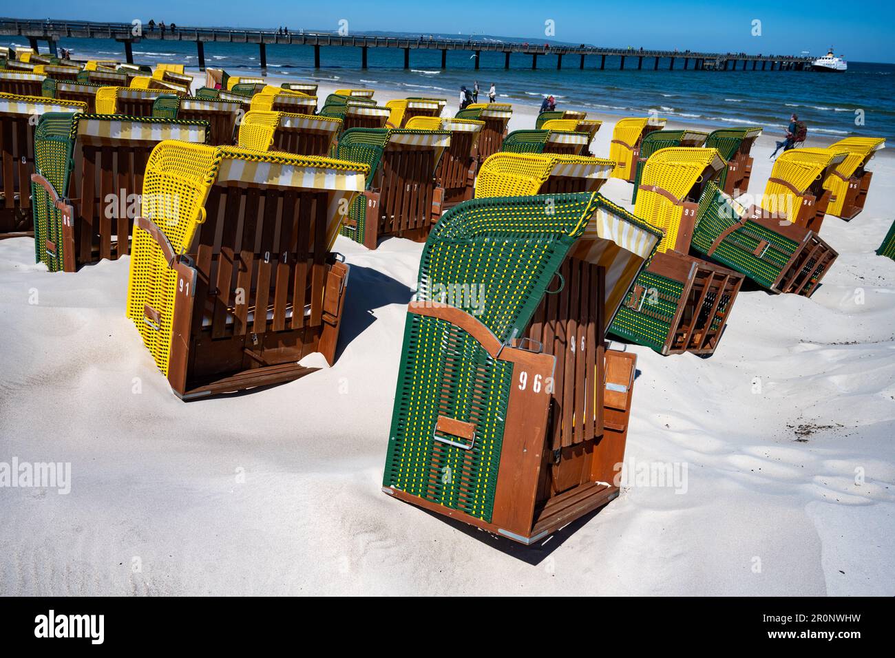 Binz, Germany. 09th May, 2023. Beach chairs stand in sunny weather on ...