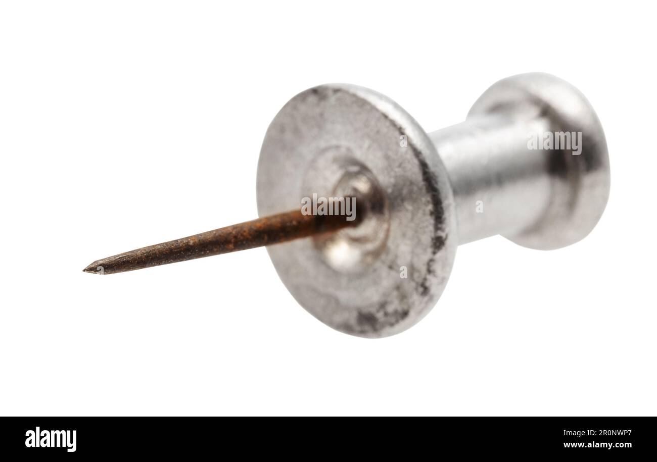 view from tip on vintage steel push pin isolated on white background ...