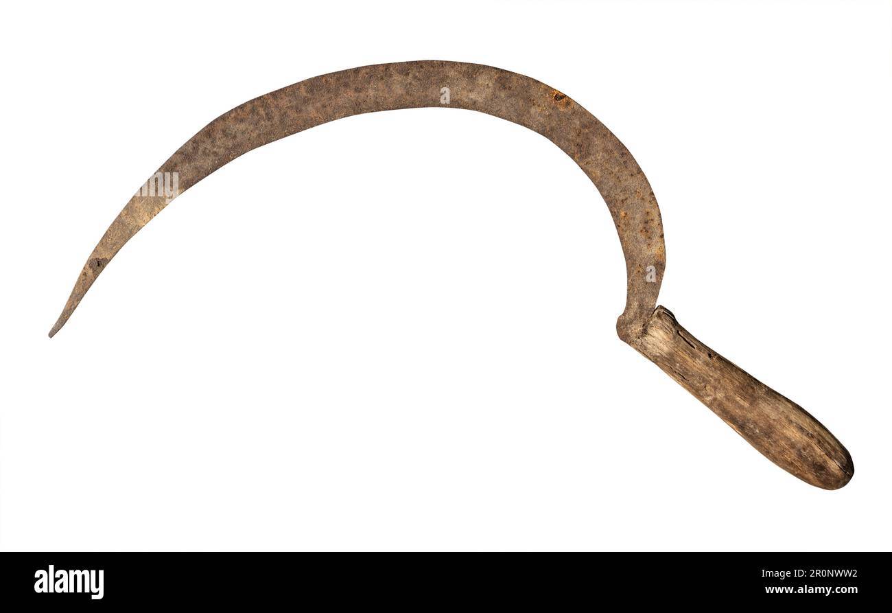 old rusty wrought iron sickle with wooden handle isolated on white ...