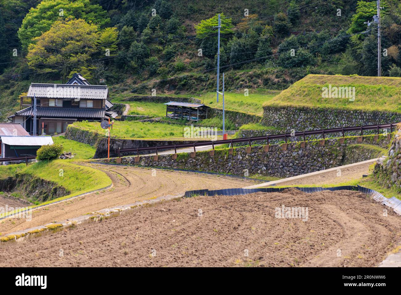Plowed dry rice fields on terraced hillside by traditional Japanese ...