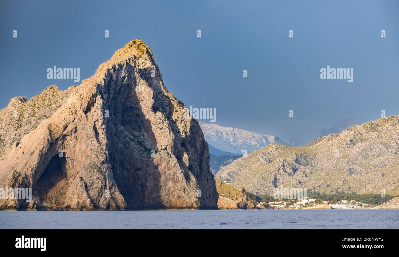 Cala Clara from the sea, Tramuntana coast, Pollensa, Majorca, Balearic ...