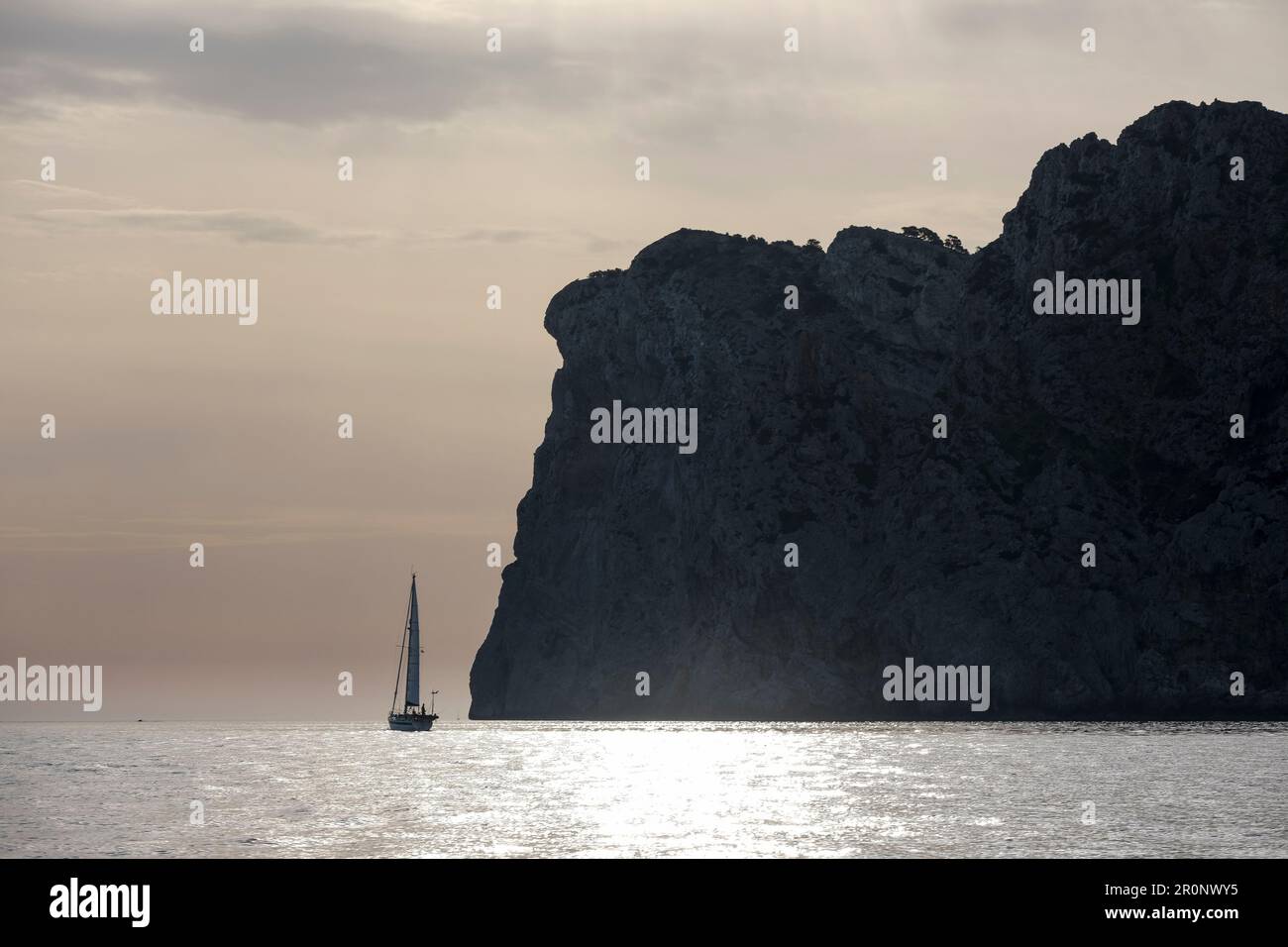 sailing ship passing Cabo de Formentor, Tramuntana coast, Pollensa ...