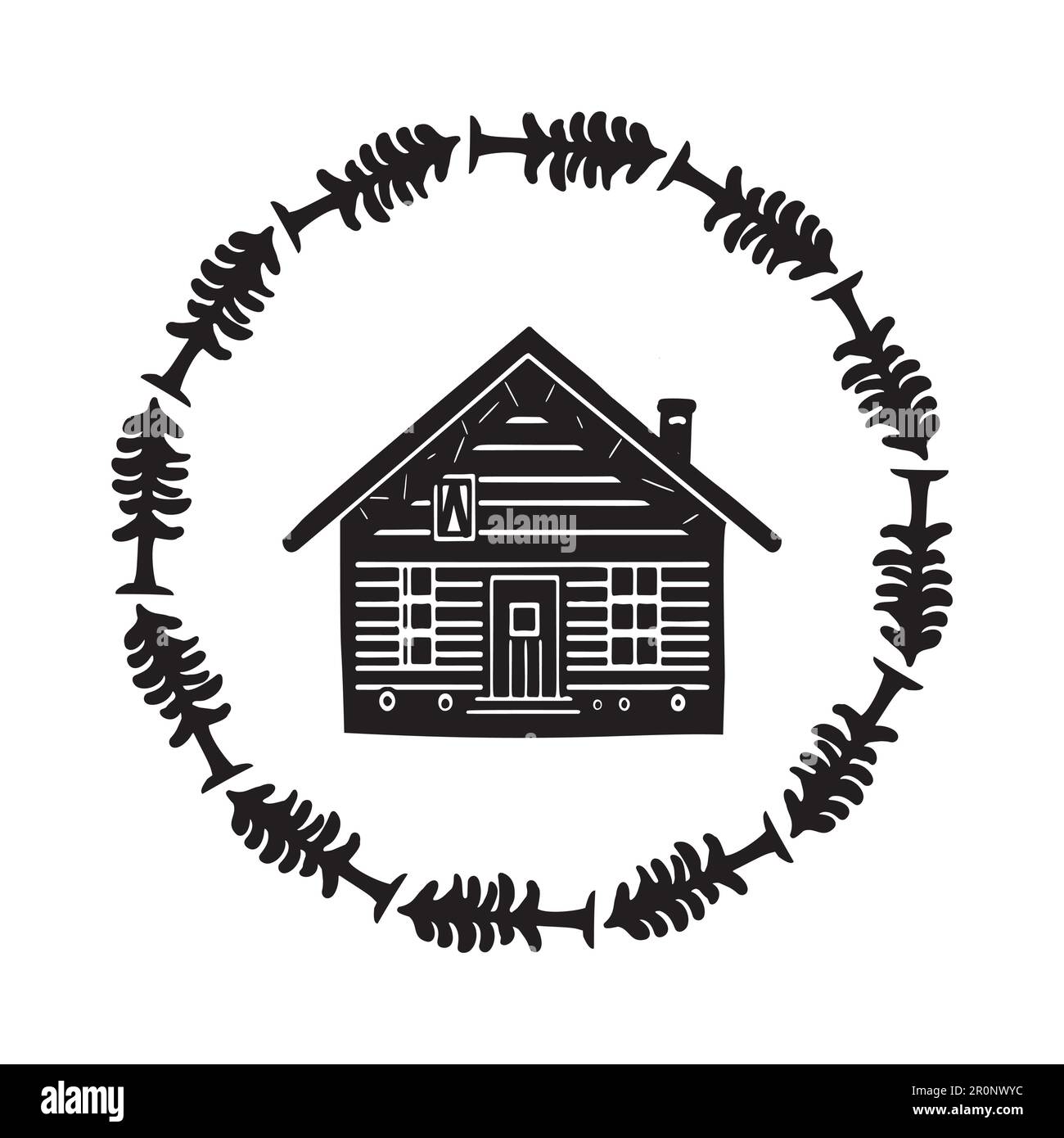 Wooden log cabin in scandi linocut style vector illustration. Alpine ...