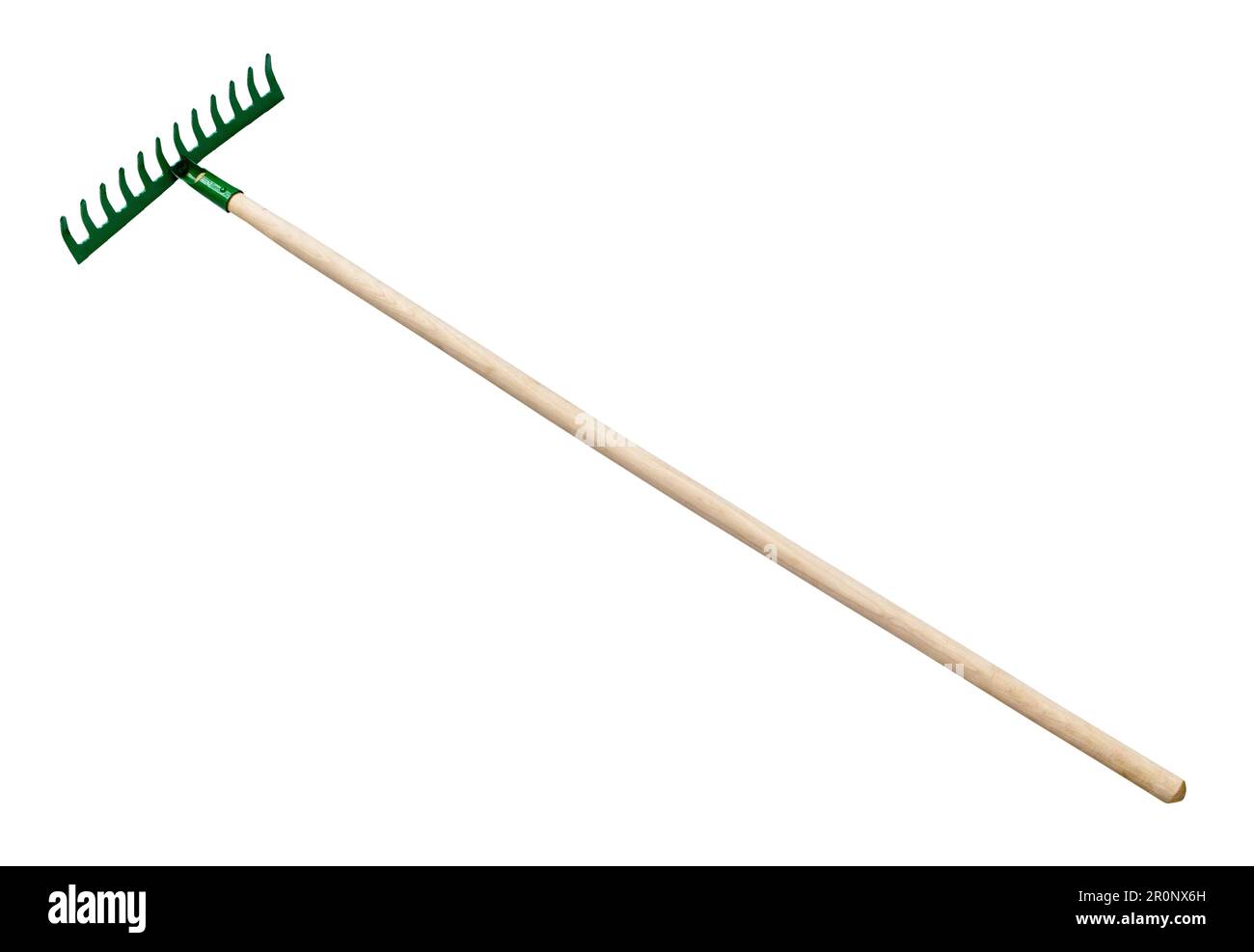 side view of steel rake with comb pointing up with wooden handle ...