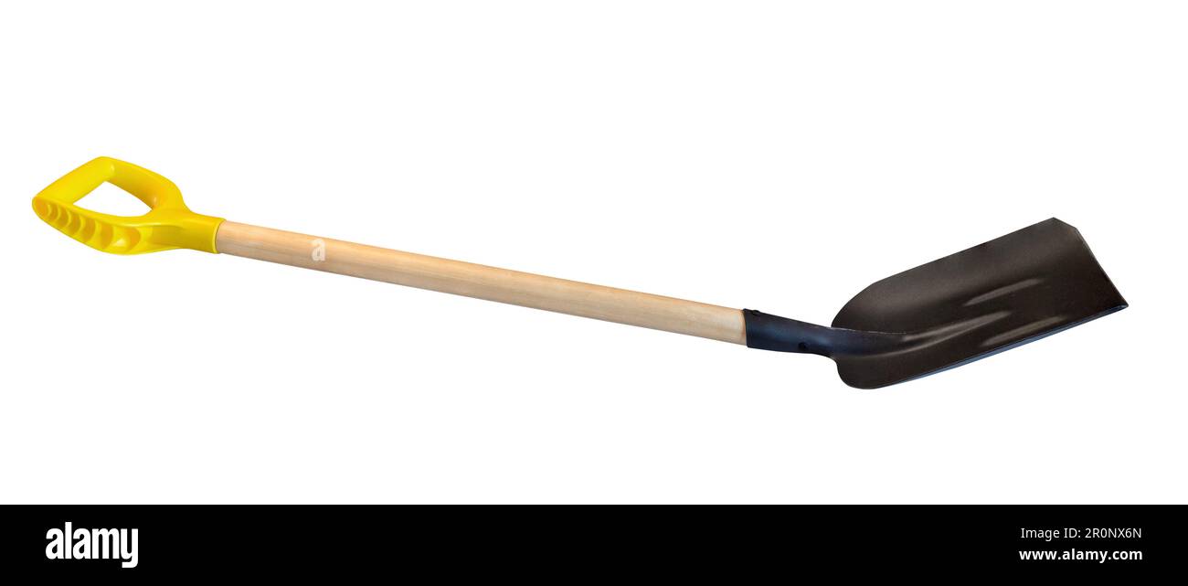 side view of steel scoop shovel with wooden handle isolated on white ...