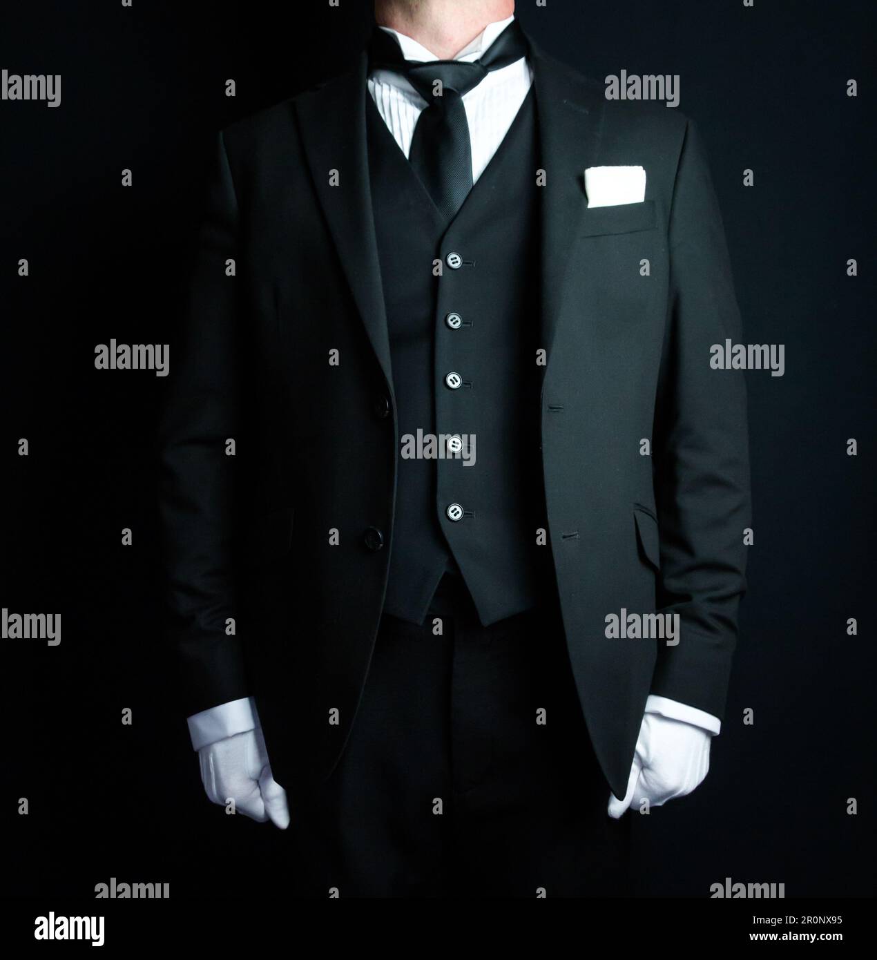 Portrait of Elegant Butler in Dark Formal Suit and White Gloves ...