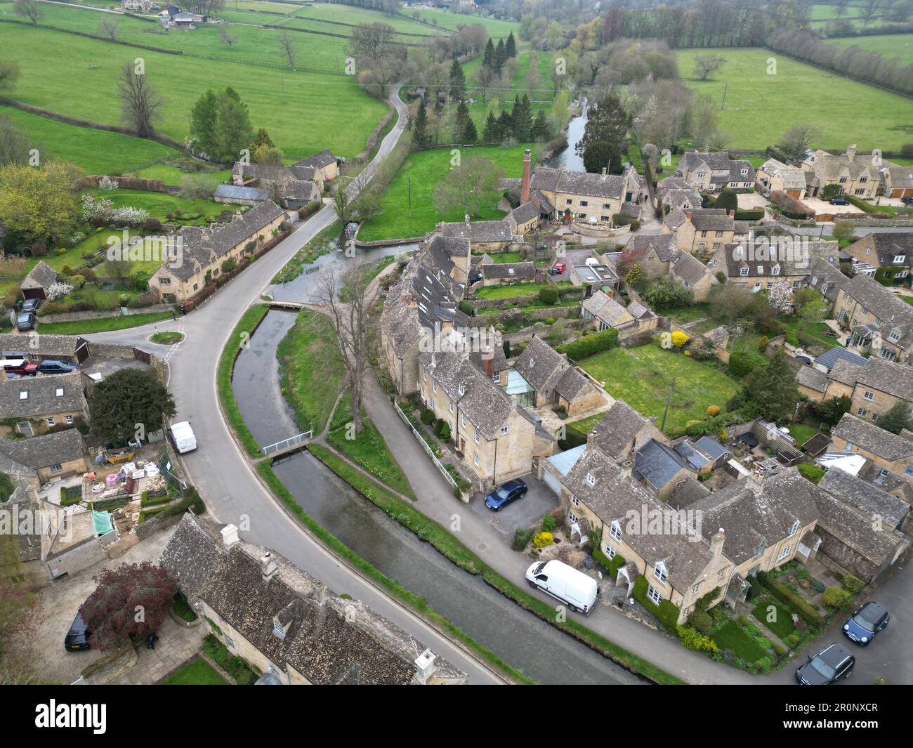 Lower Slaughter quaint Cotswolds village England drone, aerial Stock ...