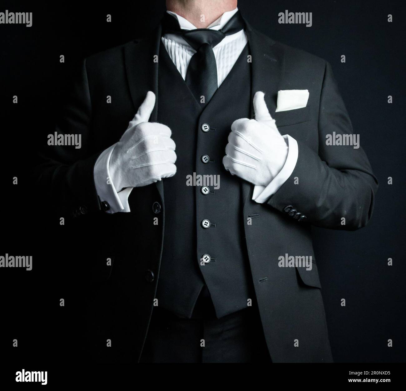 Portrait of Elegant Butler in Dark Formal Suit and White Gloves ...
