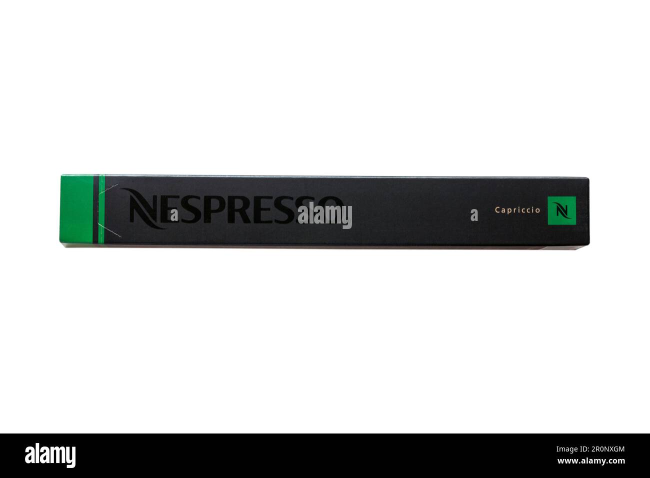 Box of Nespresso Capriccio coffee capsules isolated on white background ...