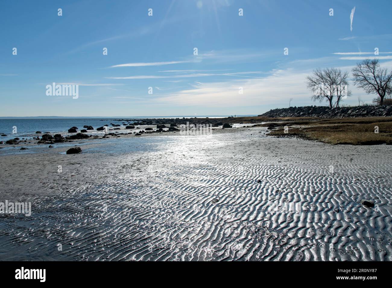 Low angle low tide beach view with tide pools and rippled sand at ...