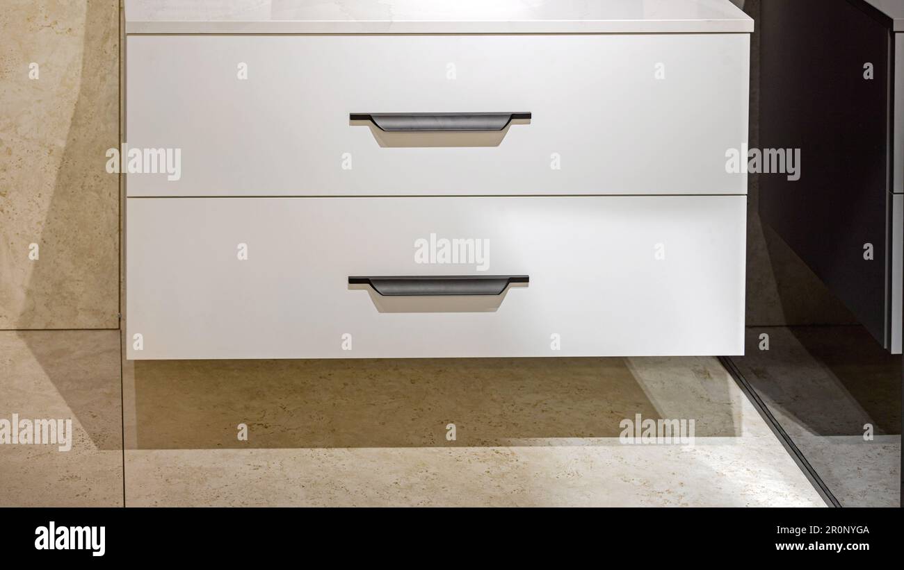 Modern Two Drawers White Cabinet in Marble Stone Bathroom Stock Photo ...