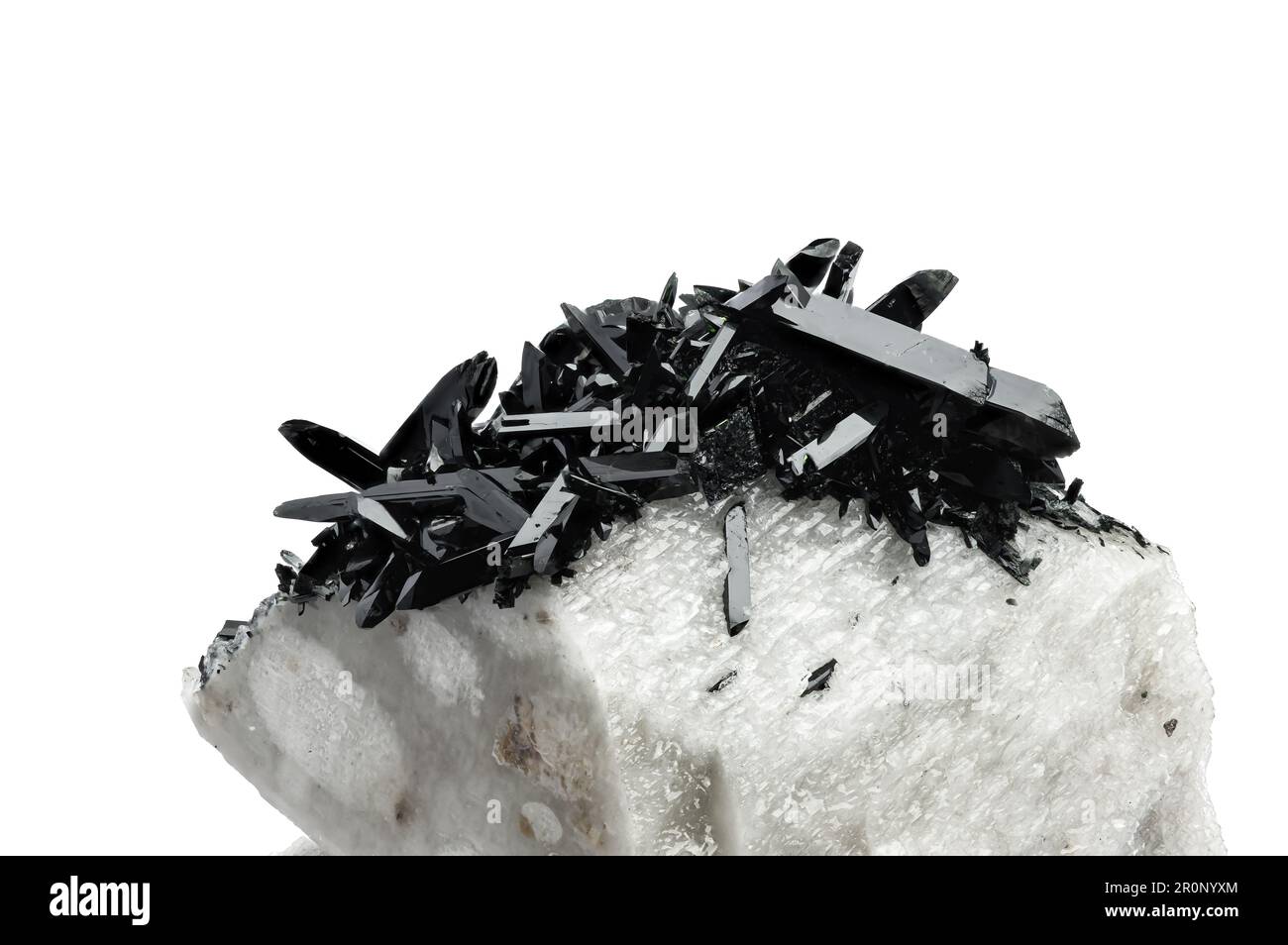 Aegirine black crystal on calcite matrix. macro detail texture ...