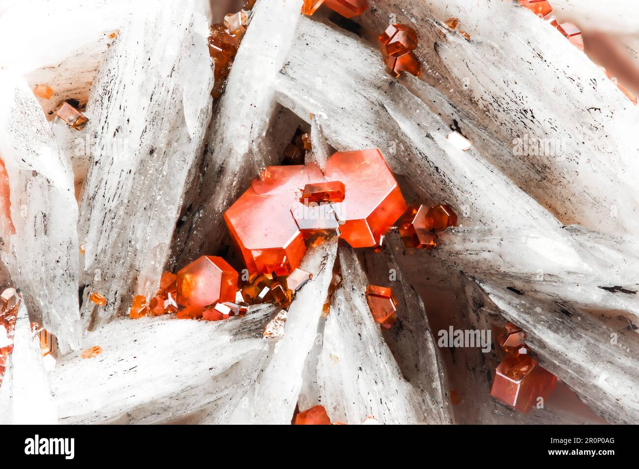 orange vanadinite on white barite matrix. macro detail texture ...