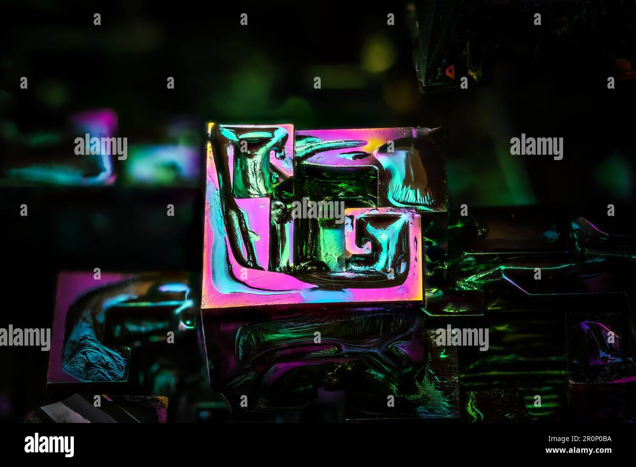 bismuth hopper crystal macro detail texture background. close-up raw ...