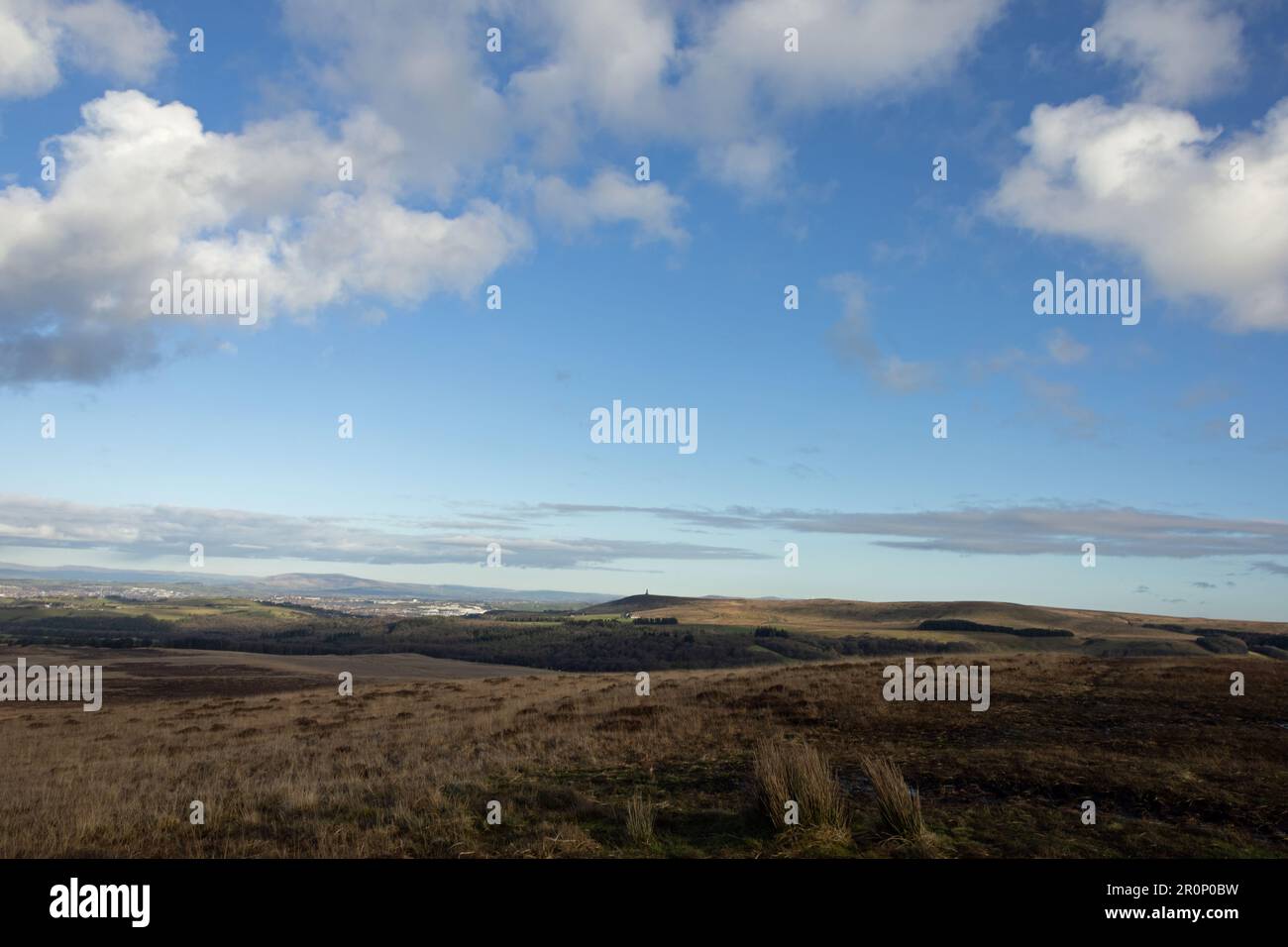 Darwen Tower and Darwen Hill viewed from the summit of Great Hill on a ...