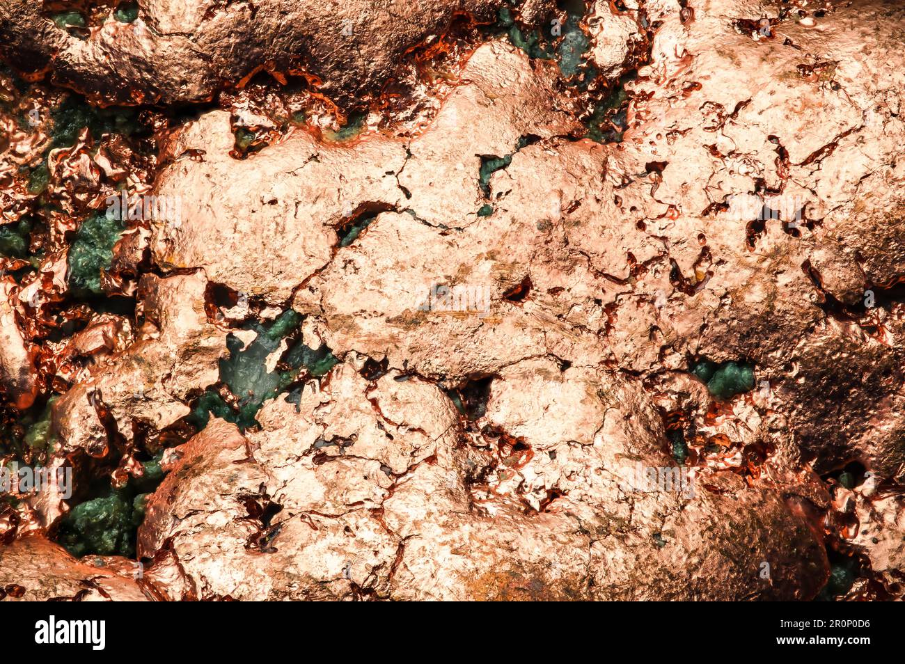 native copper nugget (Cu). macro detail texture background. close-up ...