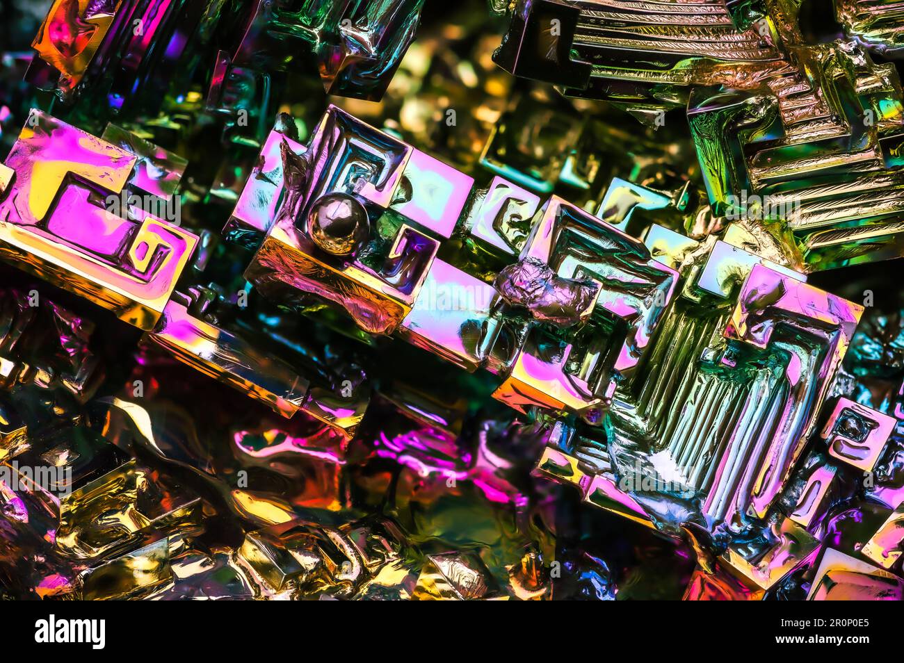 bismuth hopper crystal macro detail texture background. close-up raw ...