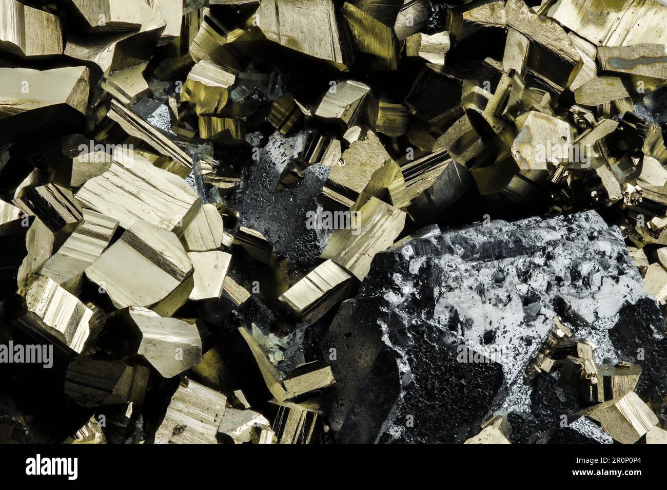 pyrite on galena macro detail texture background. close-up raw rough unpolished semi-precious ...