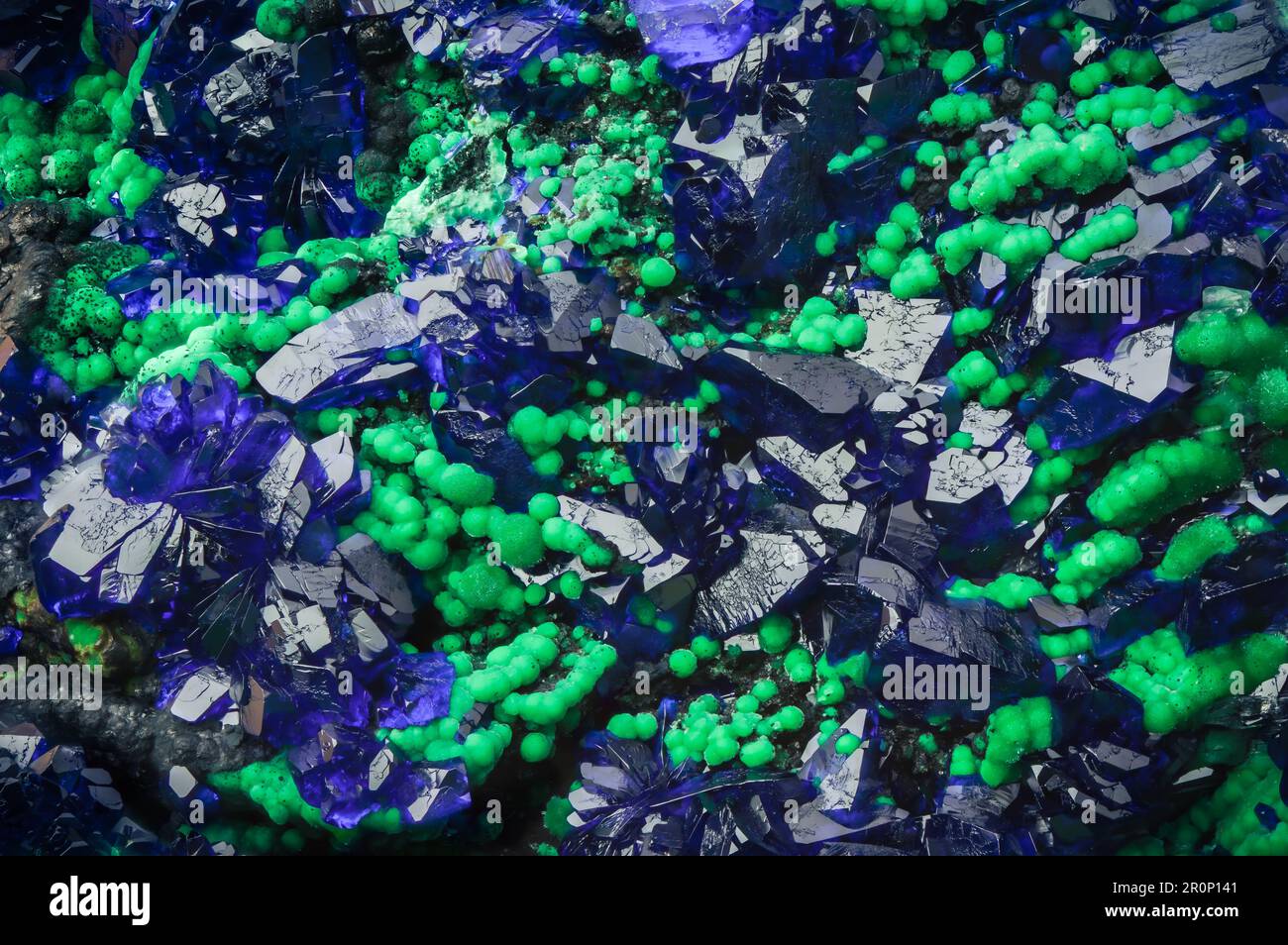 azurite blue crystal on green malachite, macro detail texture ...
