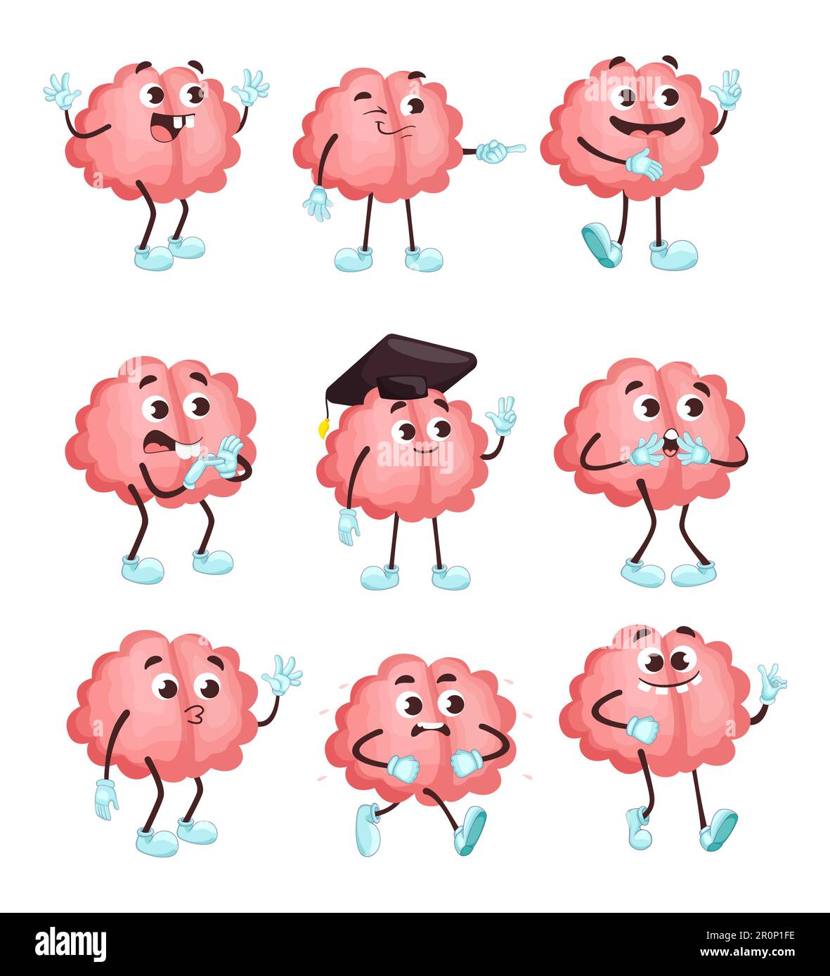 Trendy cute brain in different poses flat illustration set Stock Vector ...