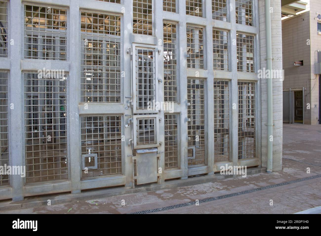 A view of a metal elephant gate and enclosure, seen at a local zoo ...
