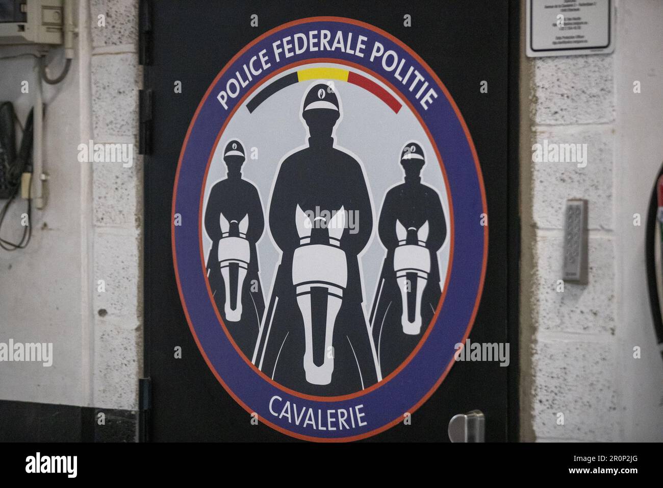 Rebecq, Belgium. 09th May, 2023. The federal police cavalerie logo ...
