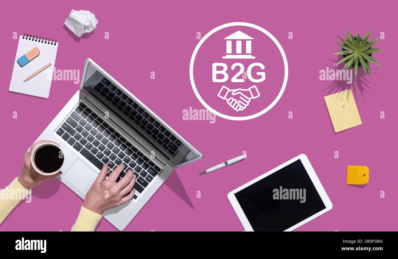 Top view of hands using laptop with symbol of b2g concept Stock Photo ...