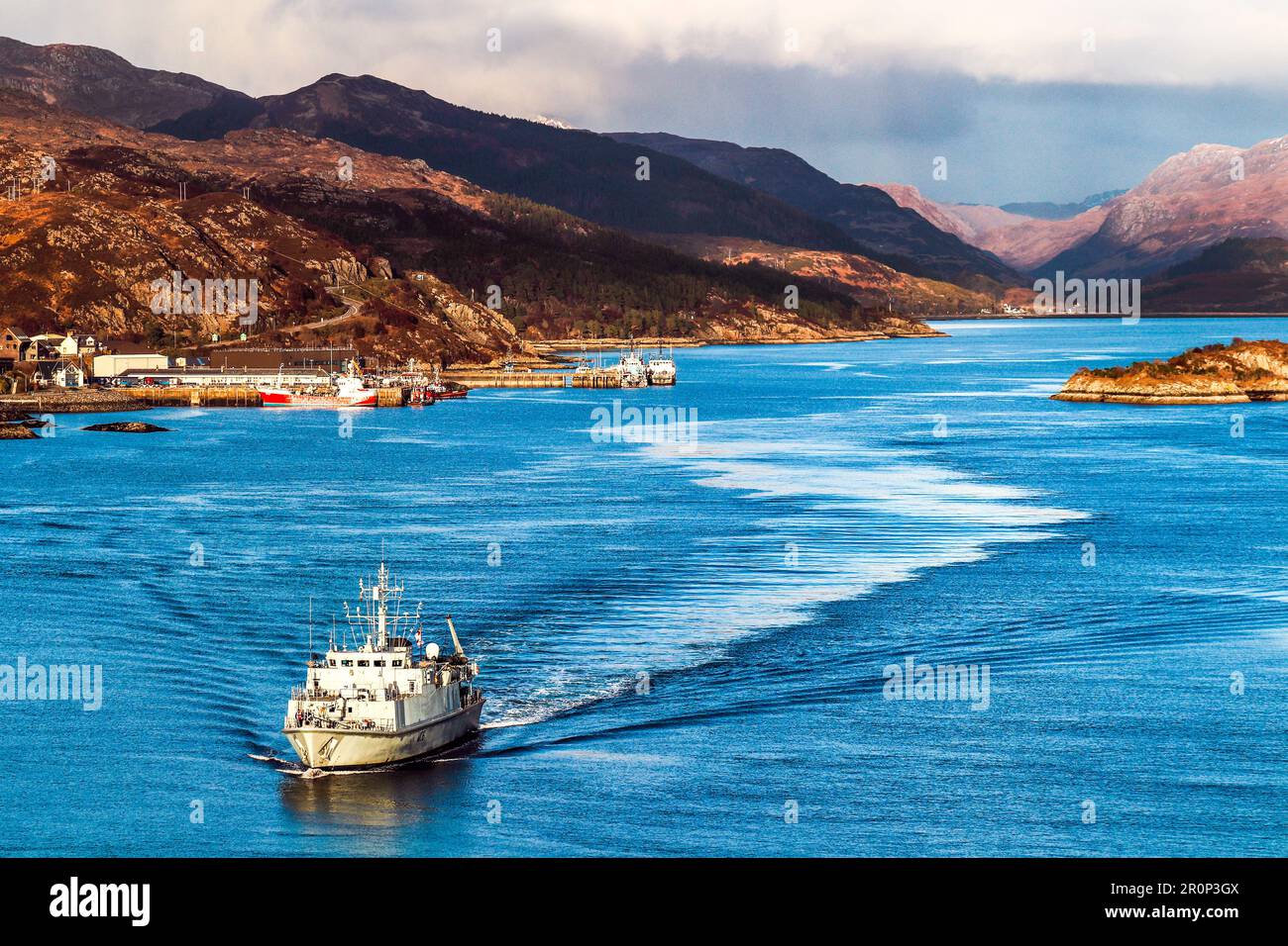 An aerial view of a large vessel sailing on blue water in Kyle of ...