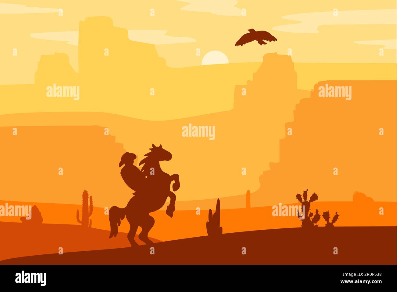 Retro Wild West Hero on galloping horse in desert. Vintage sunset in ...