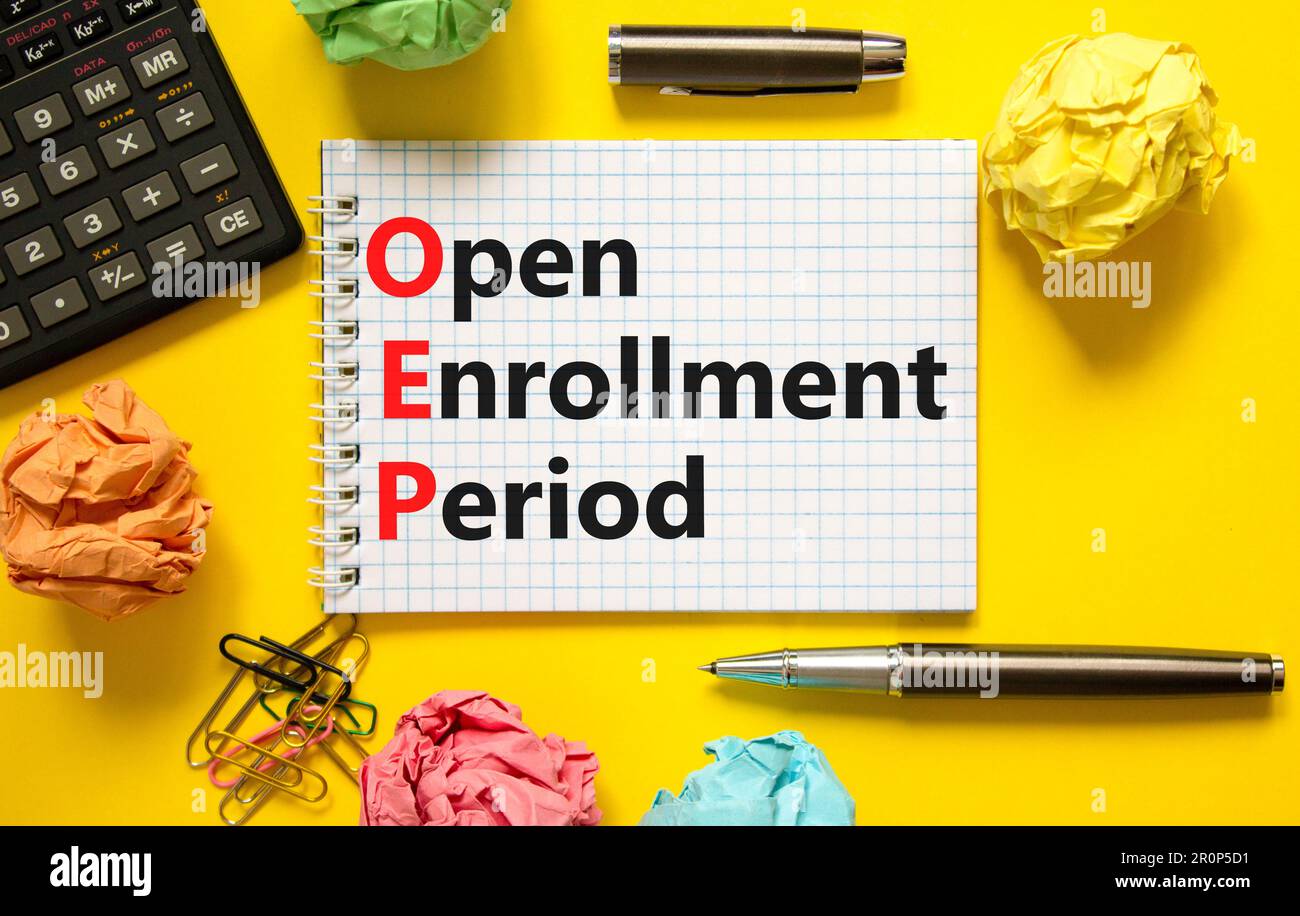 OEP symbol. Concept words OEP Open enrollment period on beautiful white ...