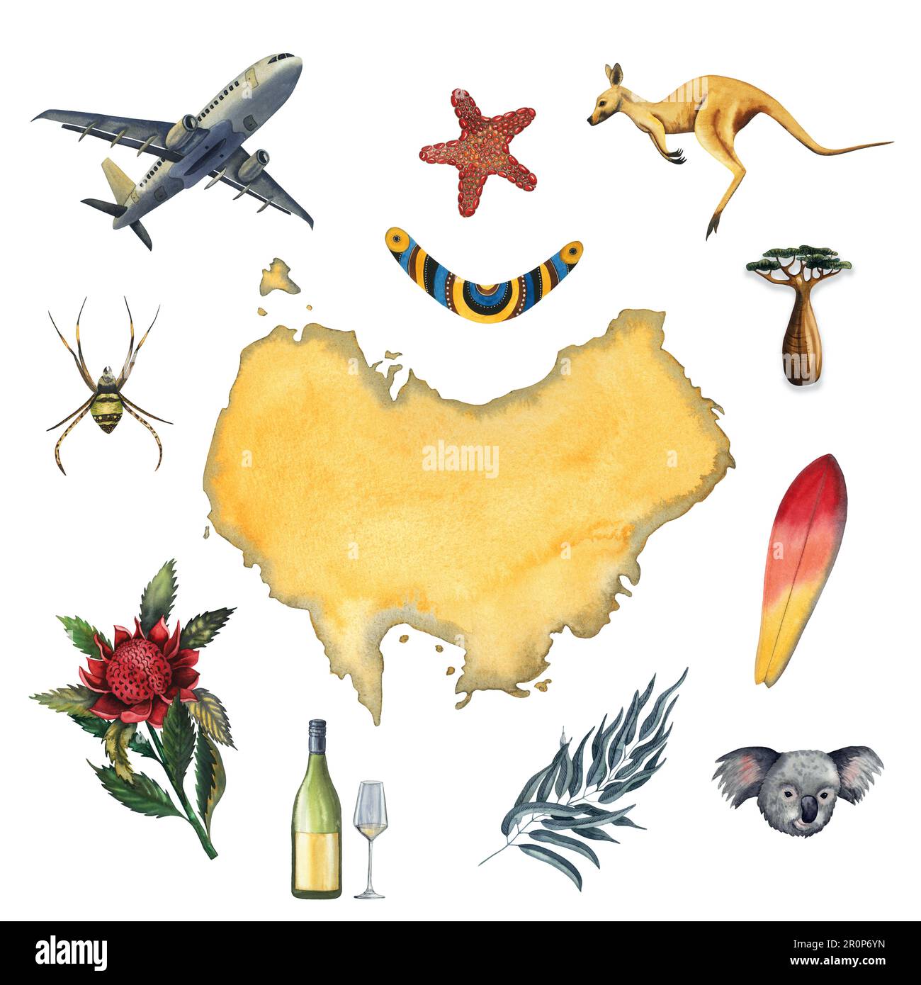 Travel Australia watercolor set with decorative elements airplane ...