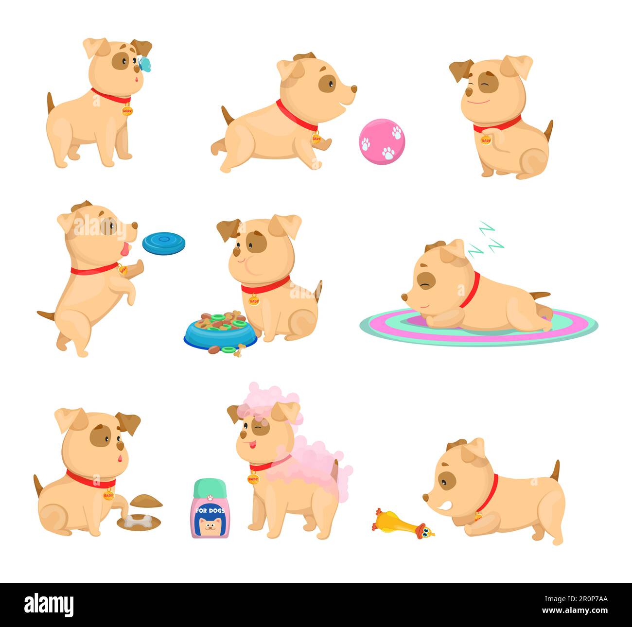 Happy puppy daily routine cartoon illustrations set Stock Vector Image ...