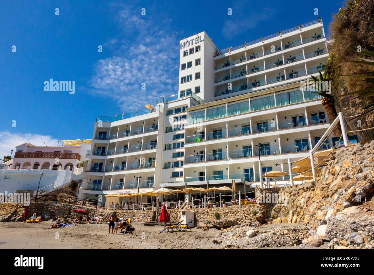 Beach front hotel on the coastline at Nerja a seaside resort on the ...