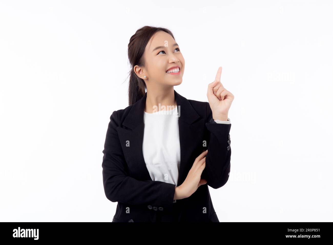 Portrait young asian business woman pointing and presenting isolated on ...