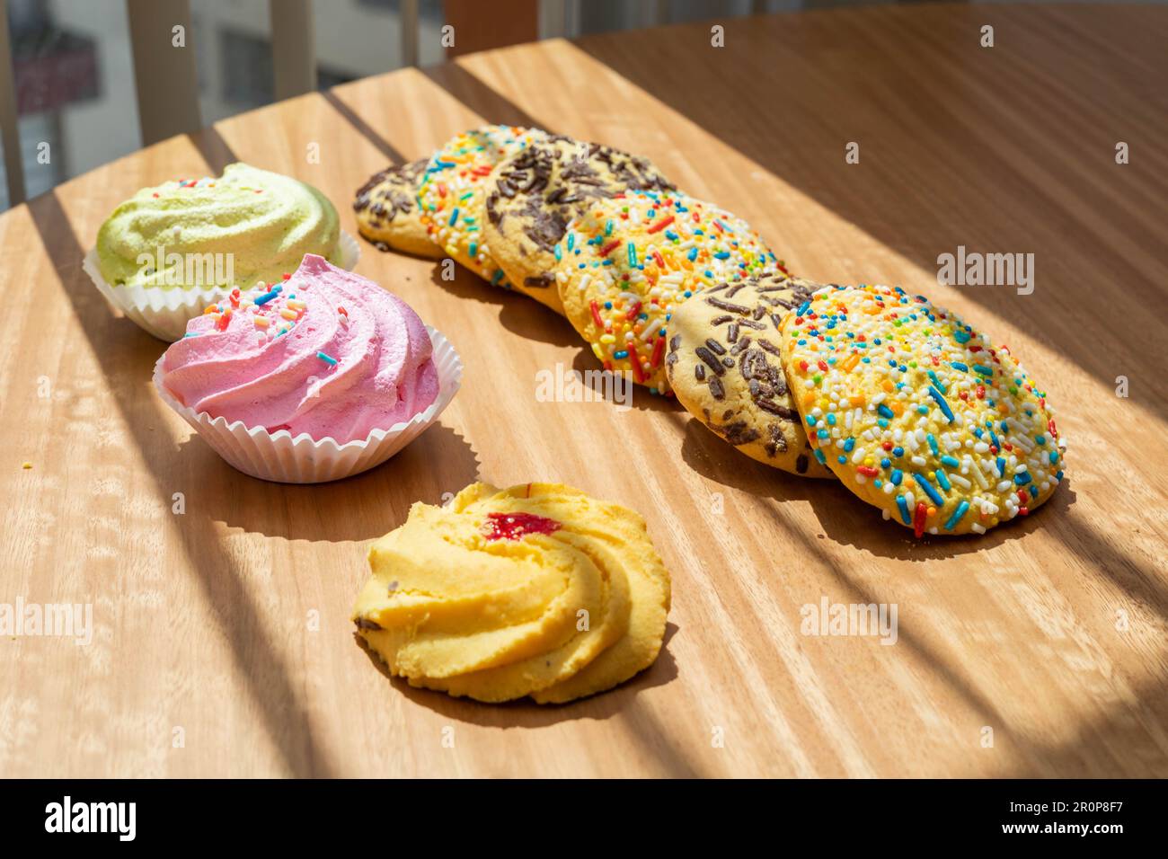 studio and sweet food served on a table, details of cookies with ...