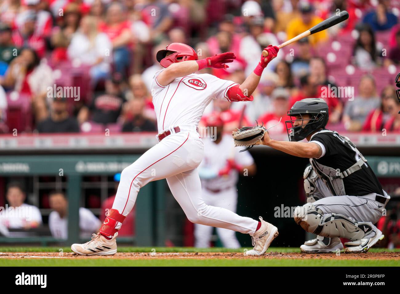 Cincinnati Reds' Spencer Steer takes an at-bat during a baseball game ...