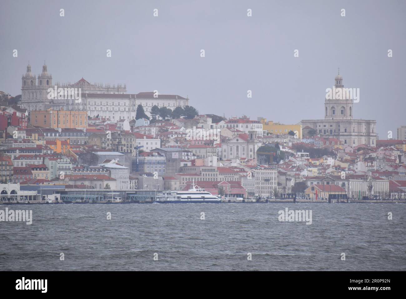 Skyline of Lisbon at a rainy day seen from Cacilhas, Portugal Stock ...