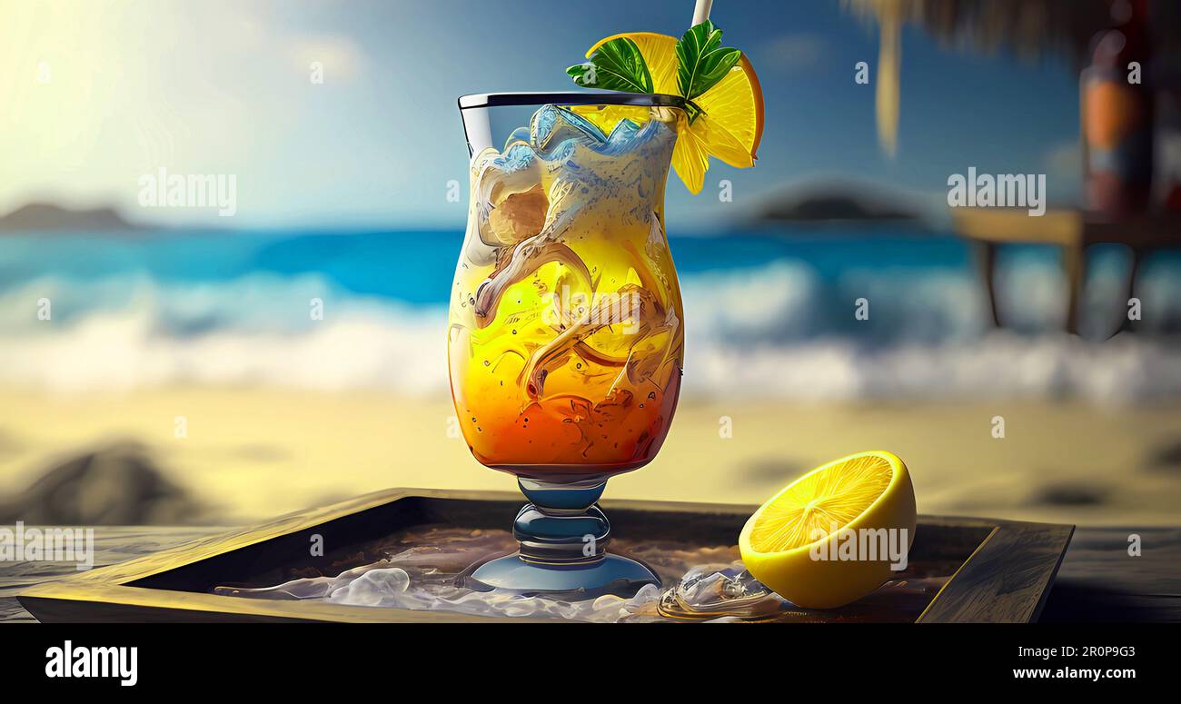 Beautiful colorful cocktail on a tray, against the backdrop of the ...