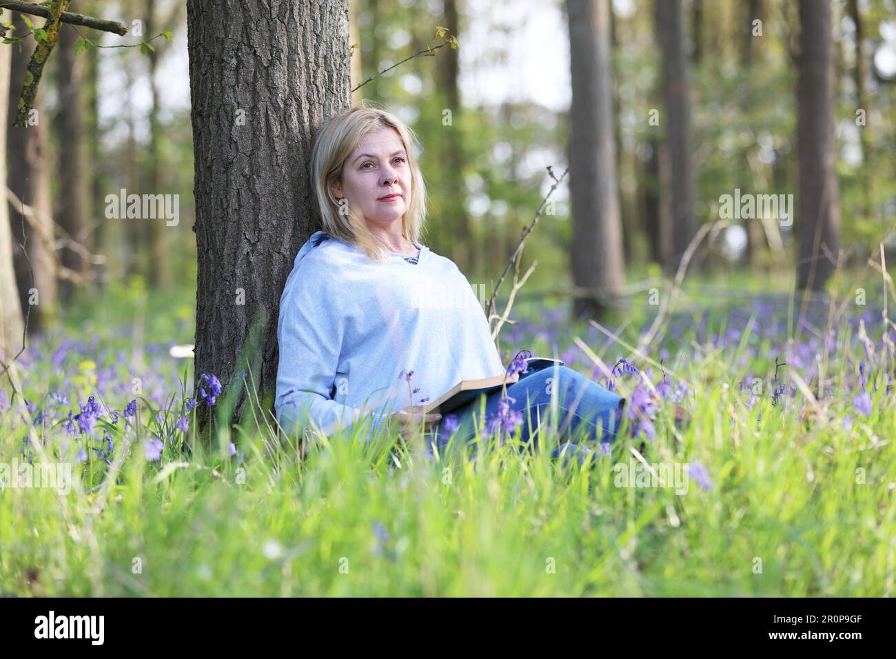 A woman sitting in a bluebell wood reading a book, looking thoughtful ...