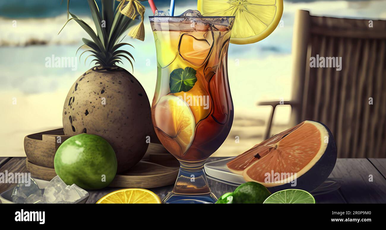 Beautiful colorful cocktail on a tray, against the backdrop of the ...