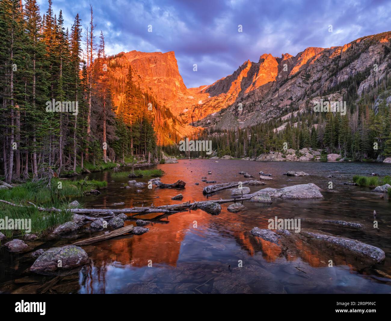 Morning Alpenglow on Hallett Peak and Flattop Mountain reflected in ...