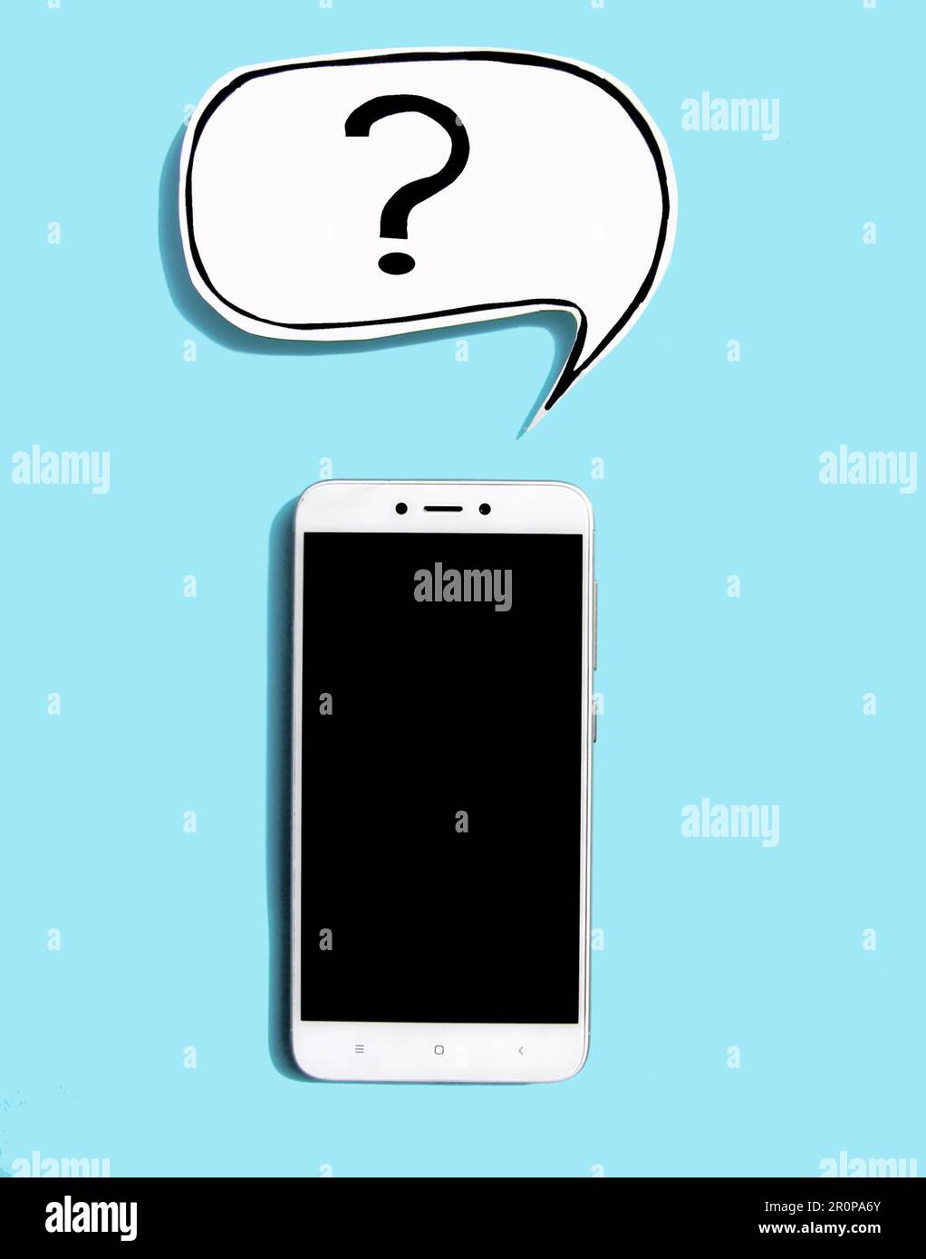 Top view mobile phone with question mark on speech bubbles on blue ...