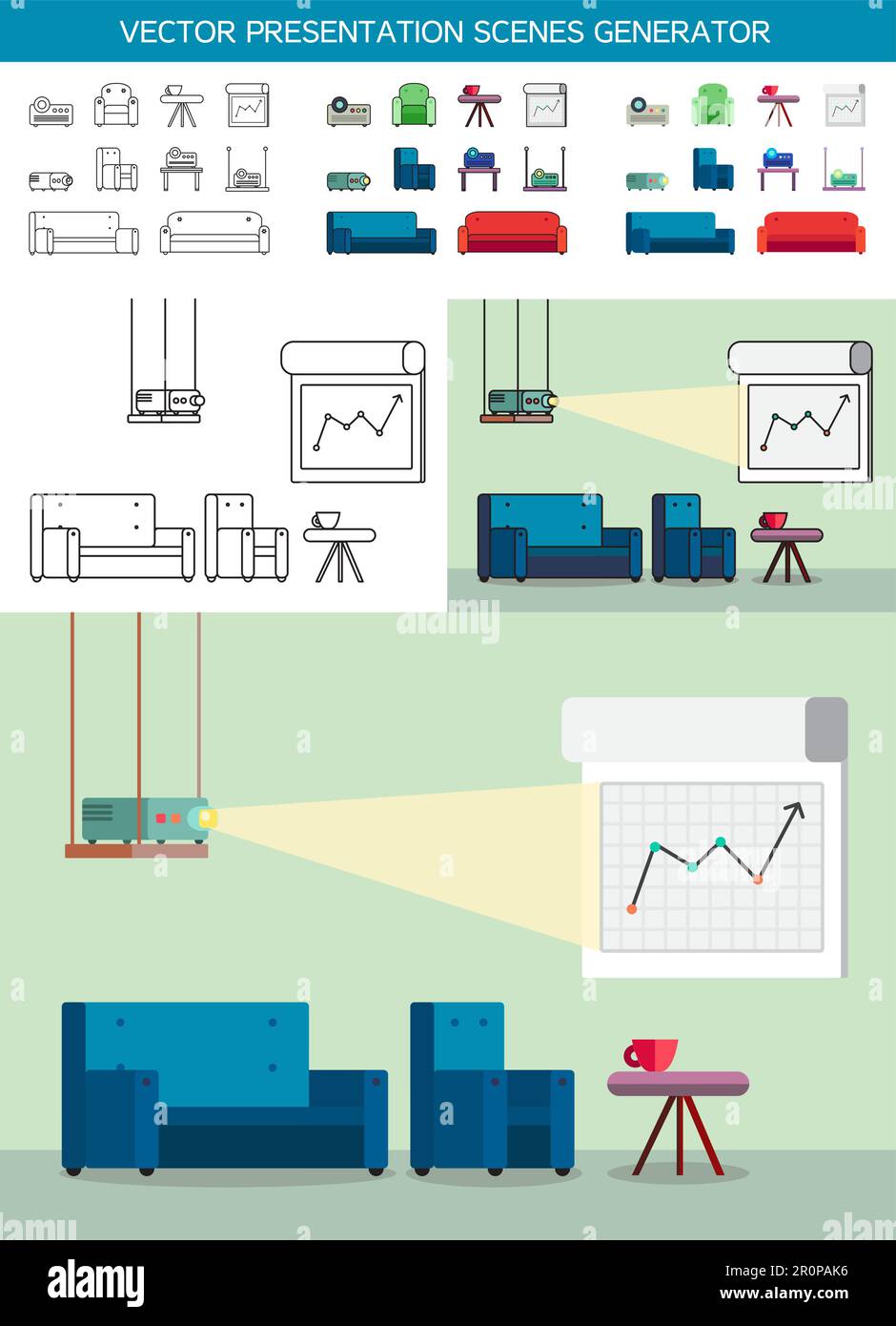 Office work icons set of projector, board bollard and comfortable seats ...