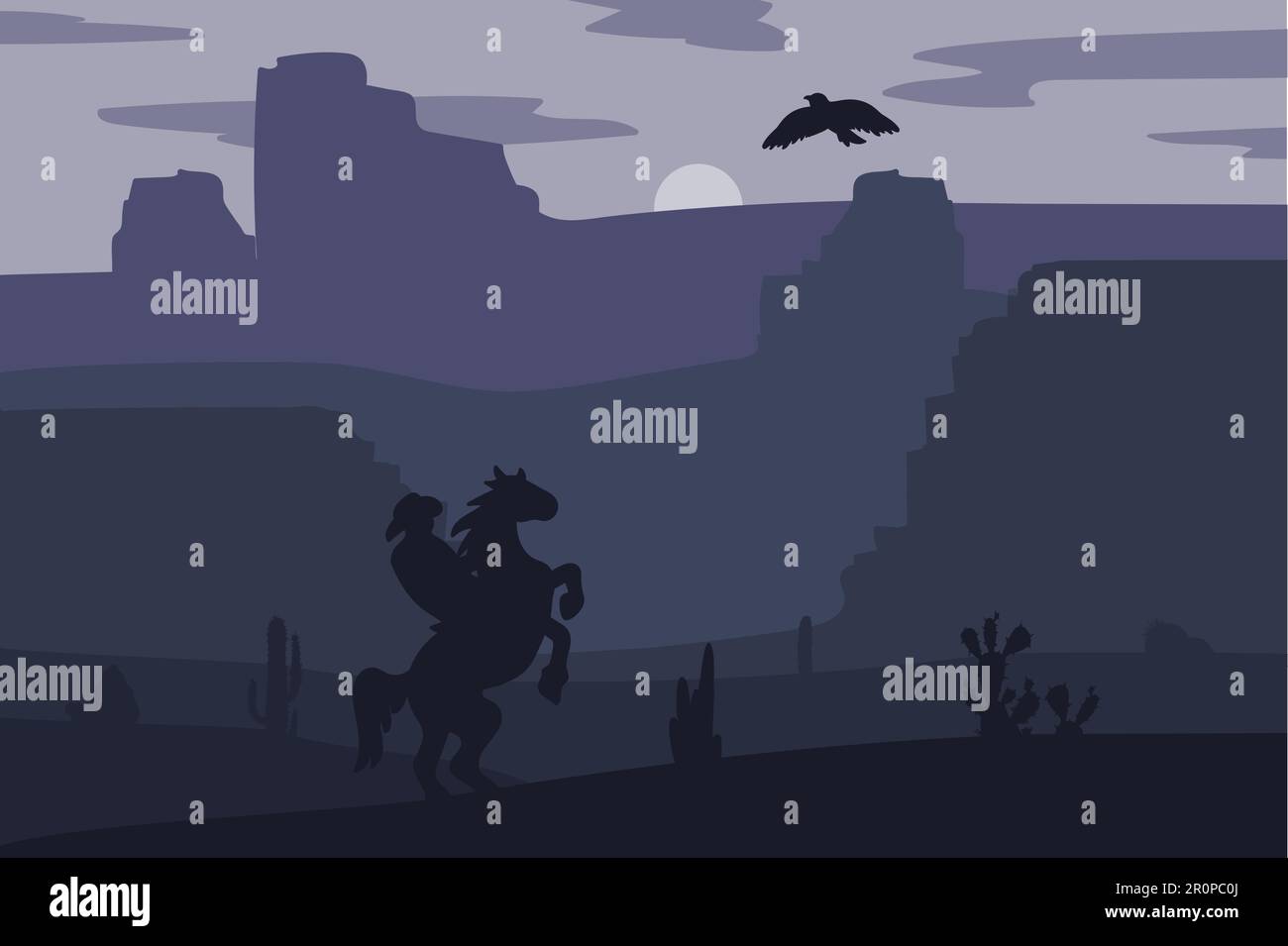 Retro Wild West Hero on galloping horse in desert. Vintage sunset in ...