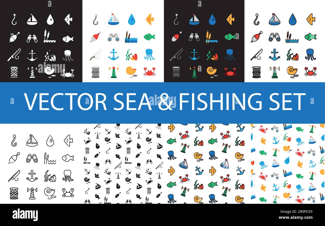 Isolated marine and fishing icons and patterns set. Vector Stock Vector ...