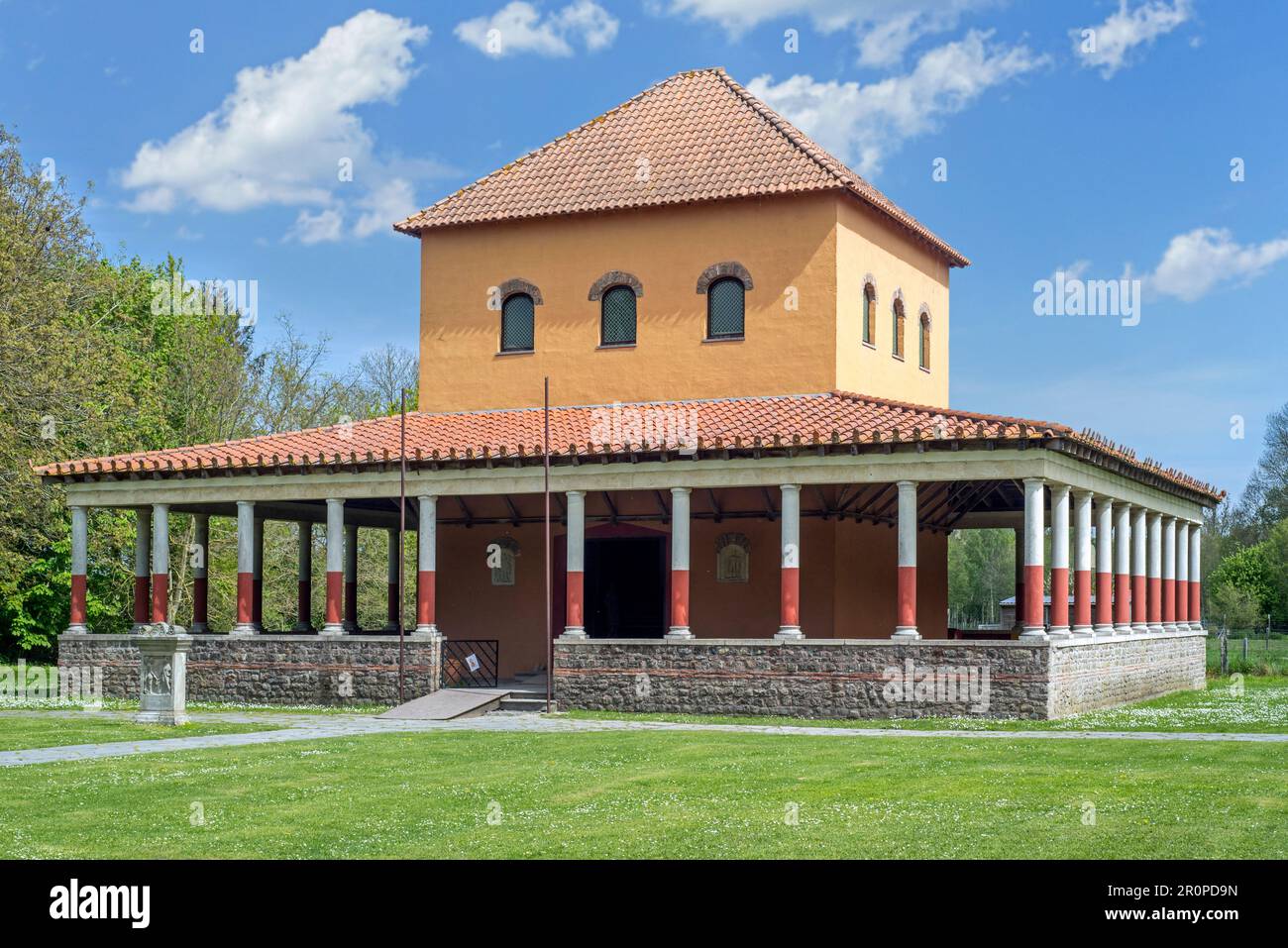 Reconstructed fanum / Gallo-Roman temple showing ambulatory and cella ...